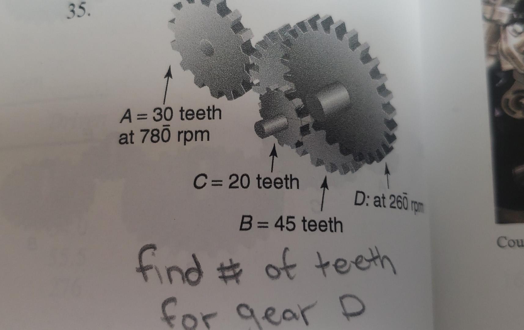 Solved 35. A= 30 teeth at 780 rpm C= 20 teeth D: at 260 rpm | Chegg.com