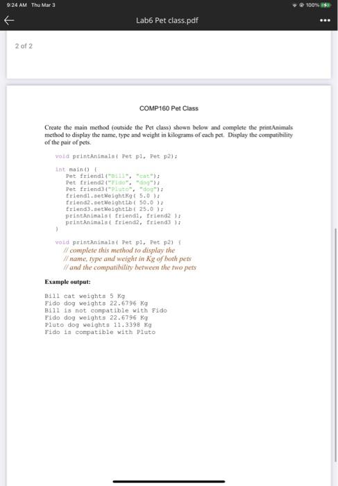 Solved 9:24 AM Thu Mar 3 @ 100% Lab6 Pet class.pdf Bee Tot 2 | Chegg.com