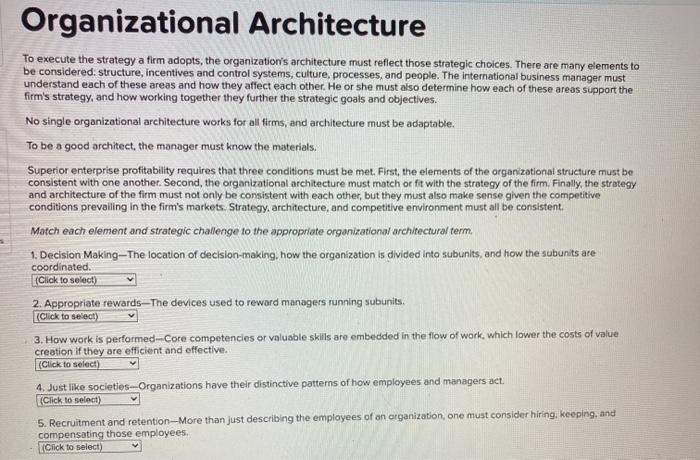 Solved Organizational Architecture To execute the strategy a | Chegg.com