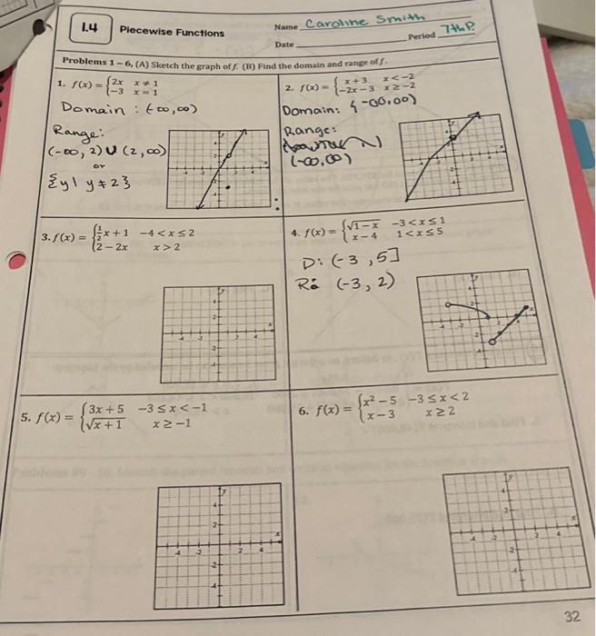 Solved 1.4 Piecewise Functions 1. f(x) = -3 x = 1 (2x x 1 | Chegg.com