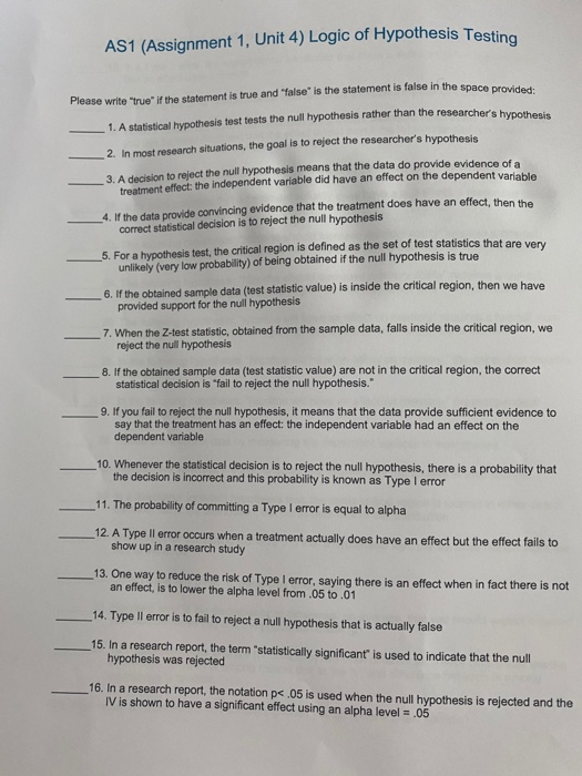 Solved AS1 (Assignment 1, Unit 4) Logic of Hypothesis | Chegg.com