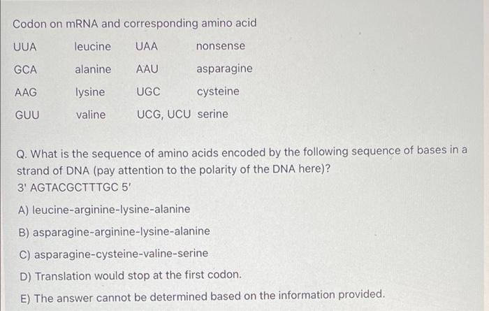 Solved Codon on mRNA and corresponding amino acid UUA | Chegg.com