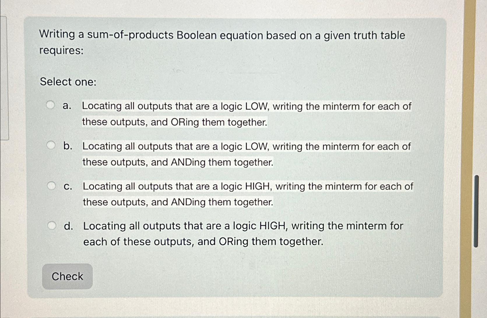 Solved Writing a sum-of-products Boolean equation based on a | Chegg.com
