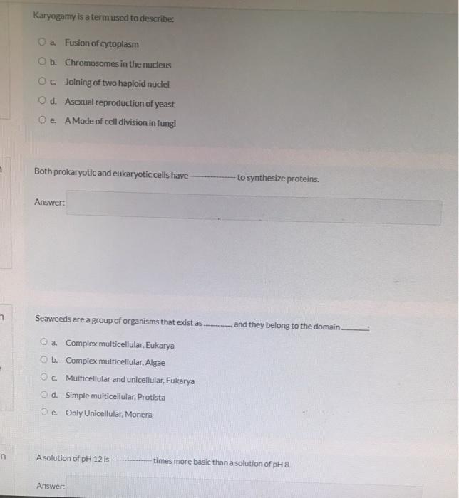 Solved Karyogamy Is a term used to describe: O a Fusion of | Chegg.com