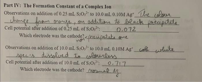 Part IV. The Formation Constant of a Complex Ion A. | Chegg.com