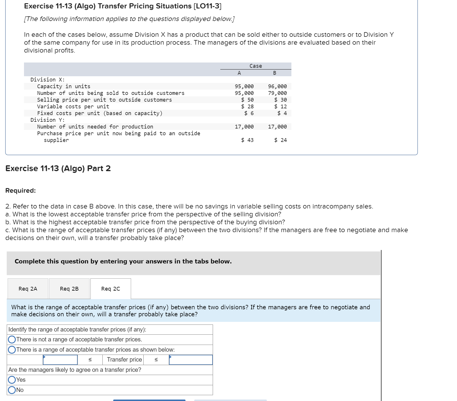 Solved Exercise 11-13 (Algo) ﻿Transfer Pricing Situations | Chegg.com