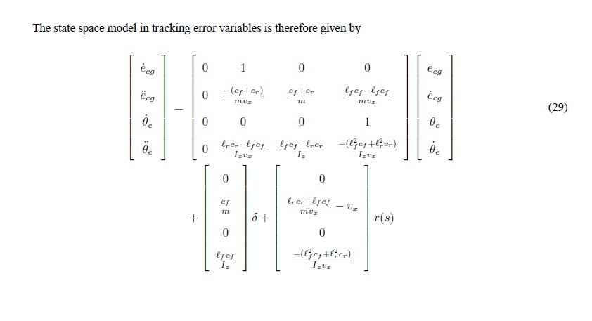 Solved The state space model in tracking error variables is | Chegg.com