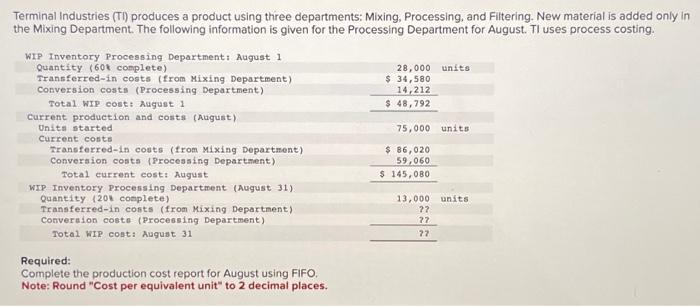 Solved Terminal Industries (TI) produces a product using | Chegg.com