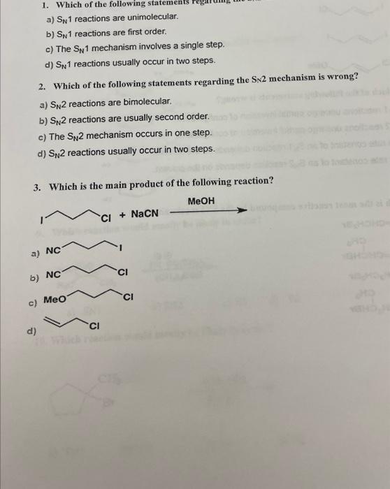 Solved 1. Which of the following statements a) SN1 reactions | Chegg.com