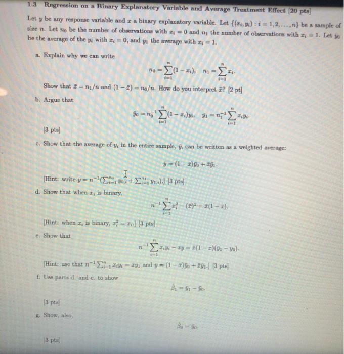 Solved 1.3 Regression on a Binary Explanatory Variable and | Chegg.com