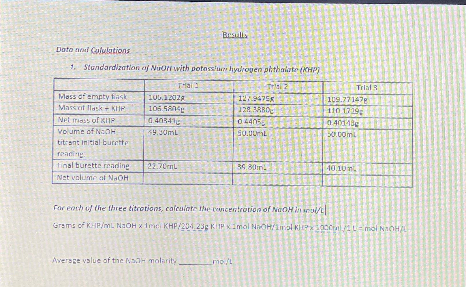 Solved ResultsData and CalulationsStandardization of NaOH | Chegg.com