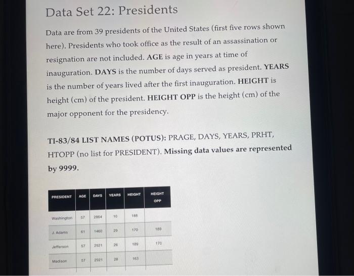 Solved Data Set 22: Presidents Data are from 39 presidents | Chegg.com