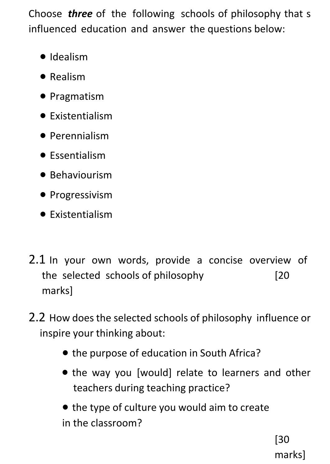 Choose three of the following schools of philosophy | Chegg.com