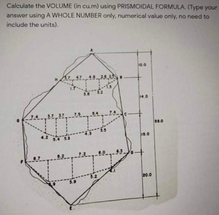Solved Calculate the VOLUME (in cu.m) using PRISMOIDAL | Chegg.com