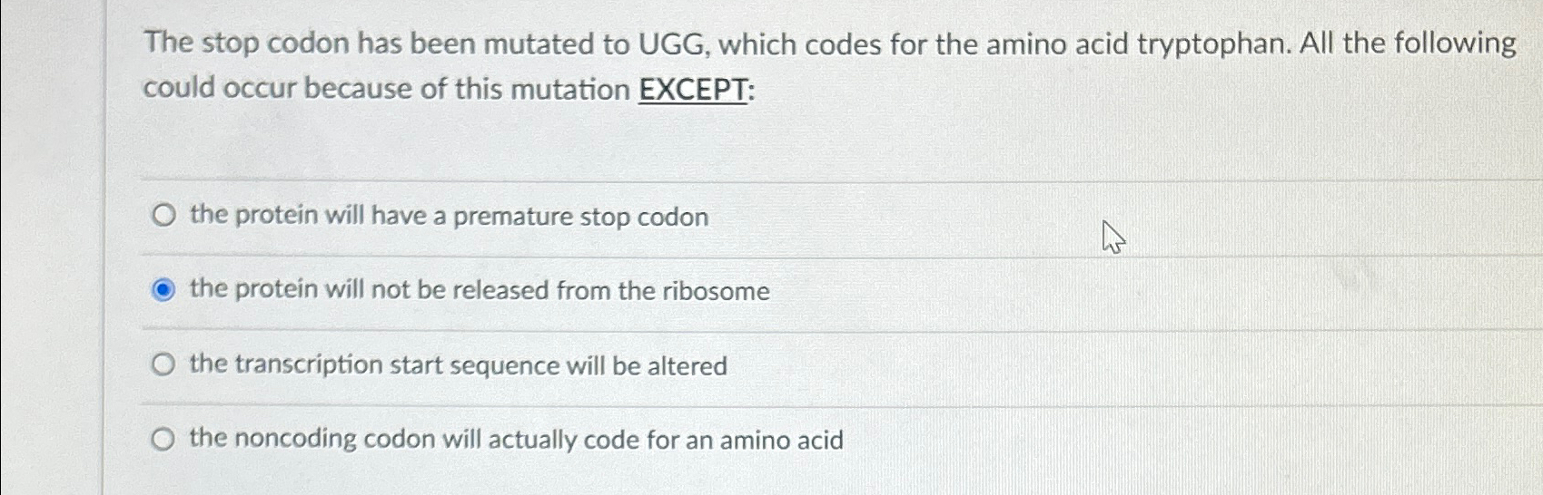 Solved The stop codon has been mutated to UGG, which codes | Chegg.com