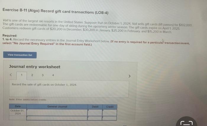 Solved Exercise 8-11 (Algo) Record gift card transactions | Chegg.com