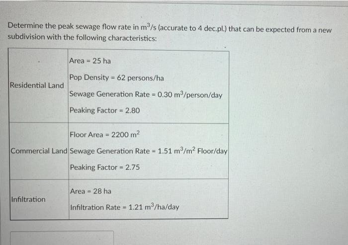 Solved Determine the peak sewage flow rate in m®/s (accurate | Chegg.com