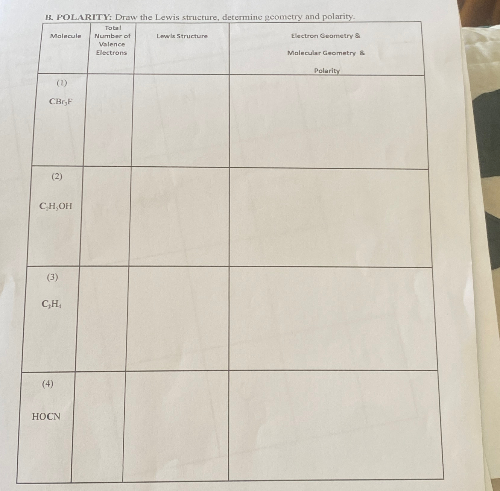 Solved B. ﻿POLARITY: Draw the Lewis structure, determine | Chegg.com