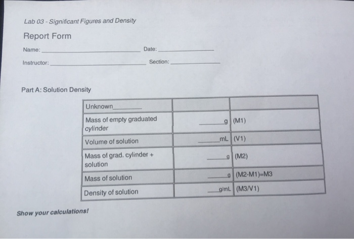 Lab 03 - Significant Figures and Density Report Form | Chegg.com
