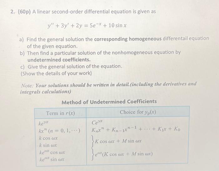 Solved 2. (60p) A linear second-order differential equation | Chegg.com