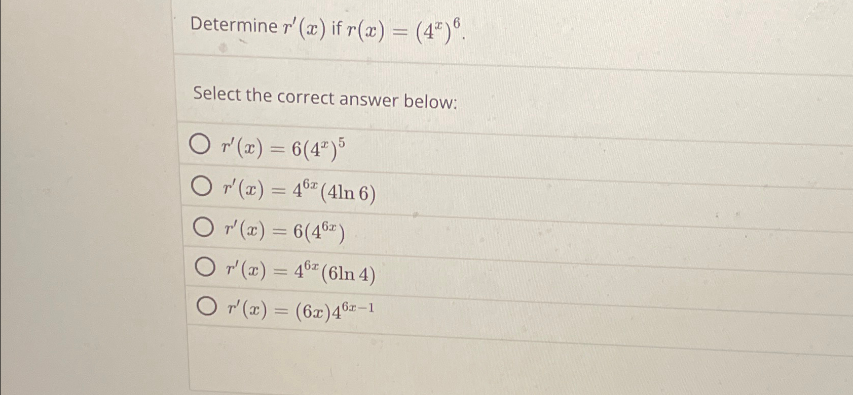 Solved Determine r'(x) ﻿if r(x)=(4x)6.Select the correct | Chegg.com