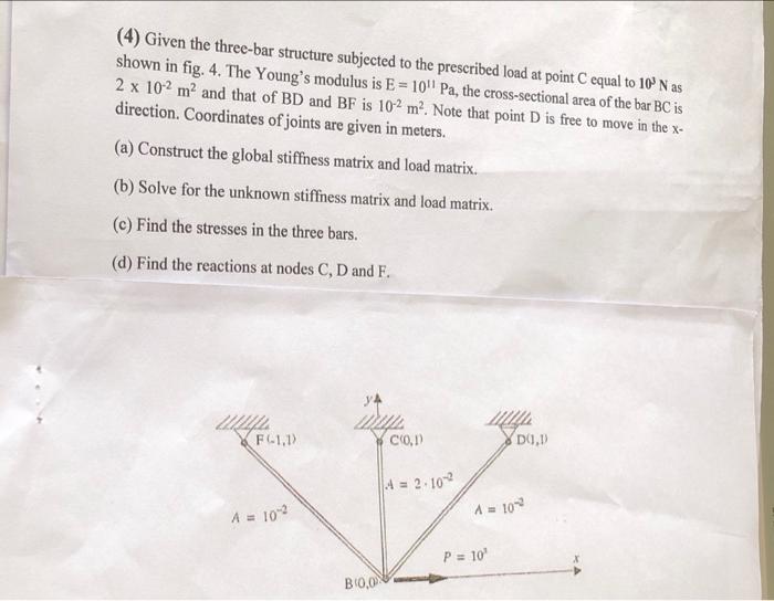 Solved (4) Given the three-bar structure subjected to the | Chegg.com
