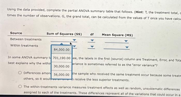 Solved ANOVA calculations and rejection of the null | Chegg.com