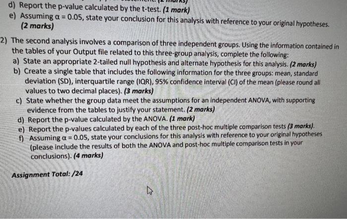 d) Report the p-value calculated by the t-test. (1 | Chegg.com