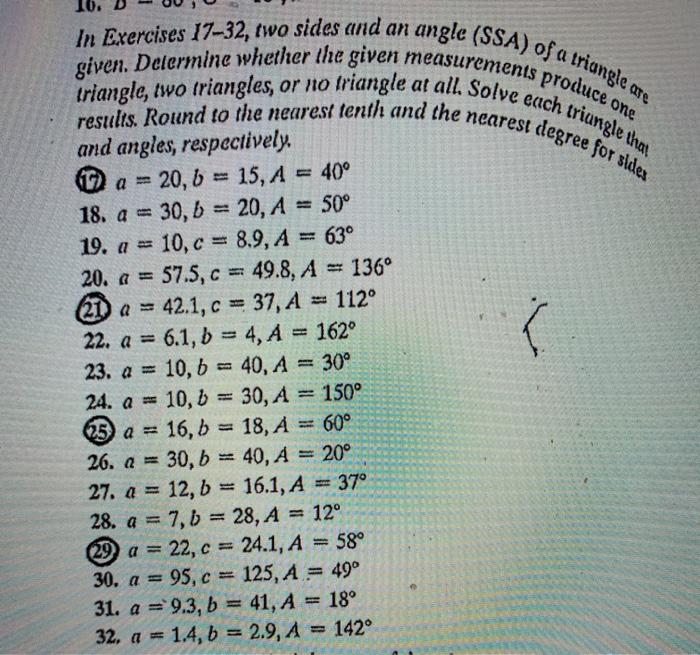 Solved 10. In Exercises 17–32, two sides and an angle (SSA) | Chegg.com