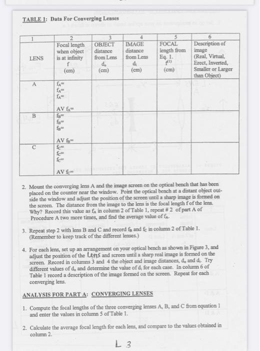 Solved Table 1. Data for Converging Lenses 2 3 Focal length | Chegg.com