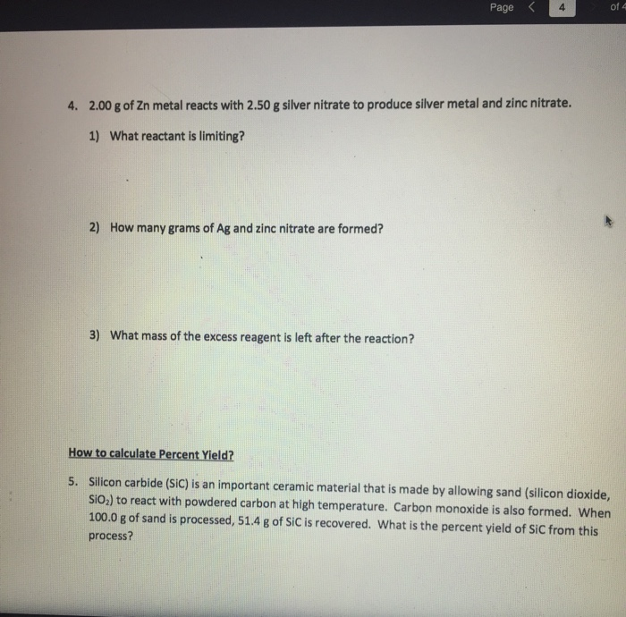 Solved 3 Page Stoichiometry calculation, Limiting reagent | Chegg.com