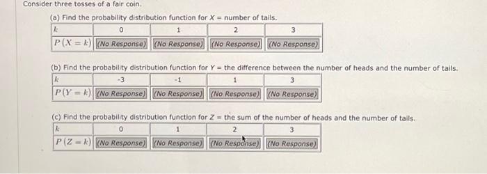 Solved Consider three tosses of a fair coin. (a) Find the | Chegg.com