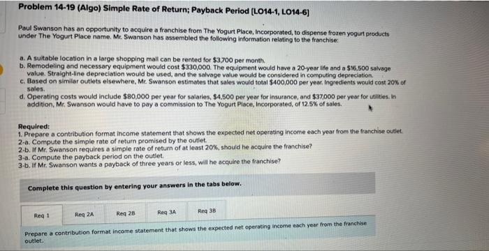 Solved Problem 14-19 (Algo) Simple Rate of Return; Payback | Chegg.com