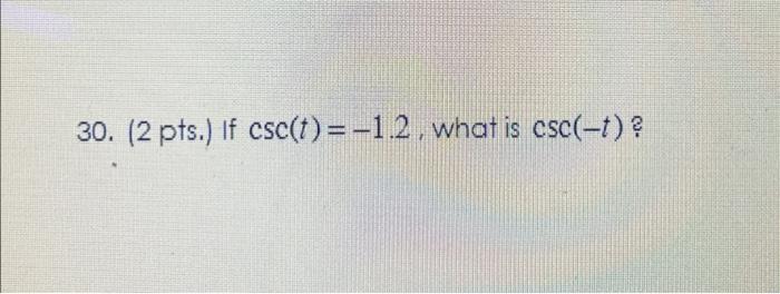 Solved 30. (2 pts.) If csc(t)=-1.2, what is csc(-1) ? | Chegg.com
