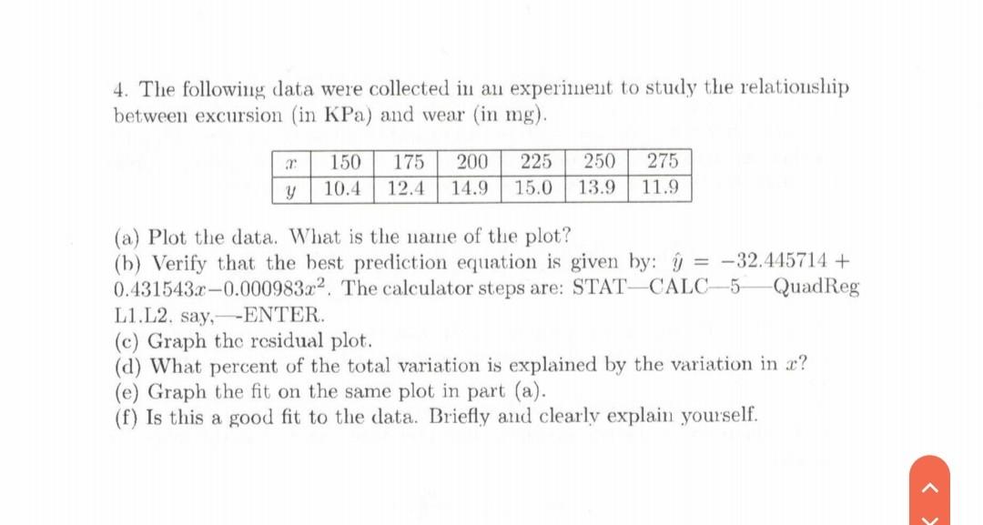 Solved 4 The Following Data Were Collected In An Experiment