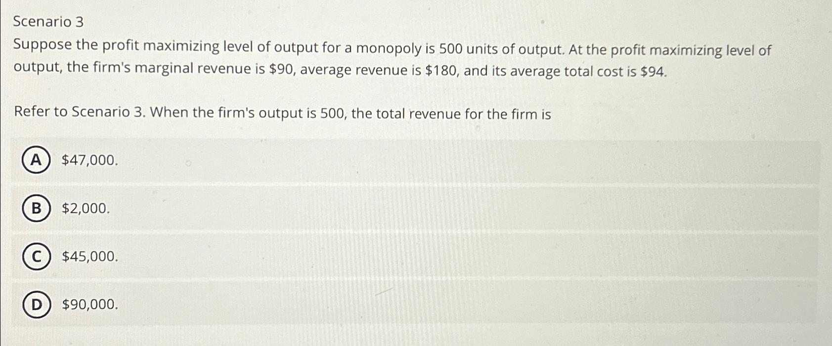 Solved Scenario 3Suppose the profit maximizing level of | Chegg.com