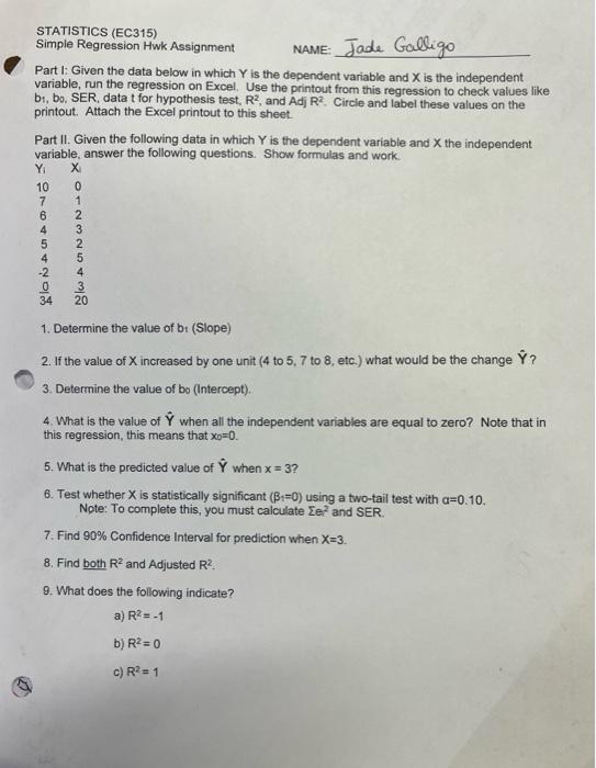 Solved Part l: Given the data below in which Y is the | Chegg.com
