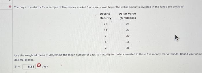 Solved The days to maturity for a sample of five money | Chegg.com