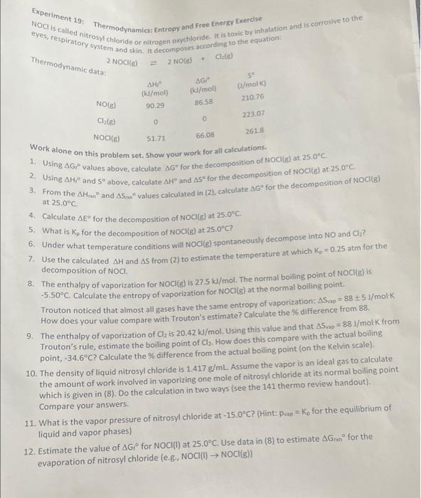 Solved Experiment 19: Thermodynamics: Entropy and Free | Chegg.com