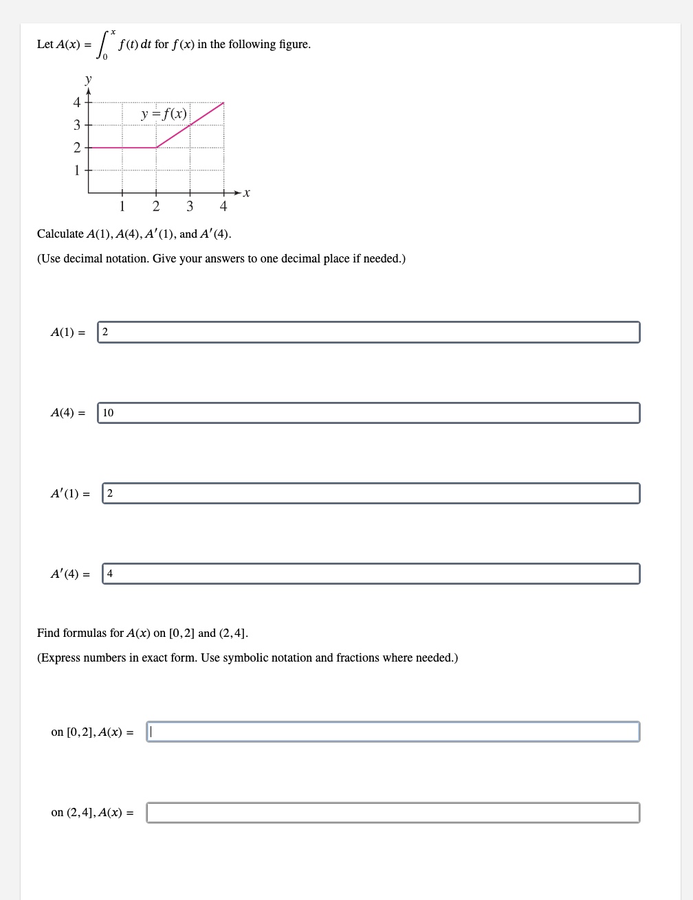 Solved Let A(x)=∫0xf(t)dt ﻿for f(x) ﻿in the following | Chegg.com