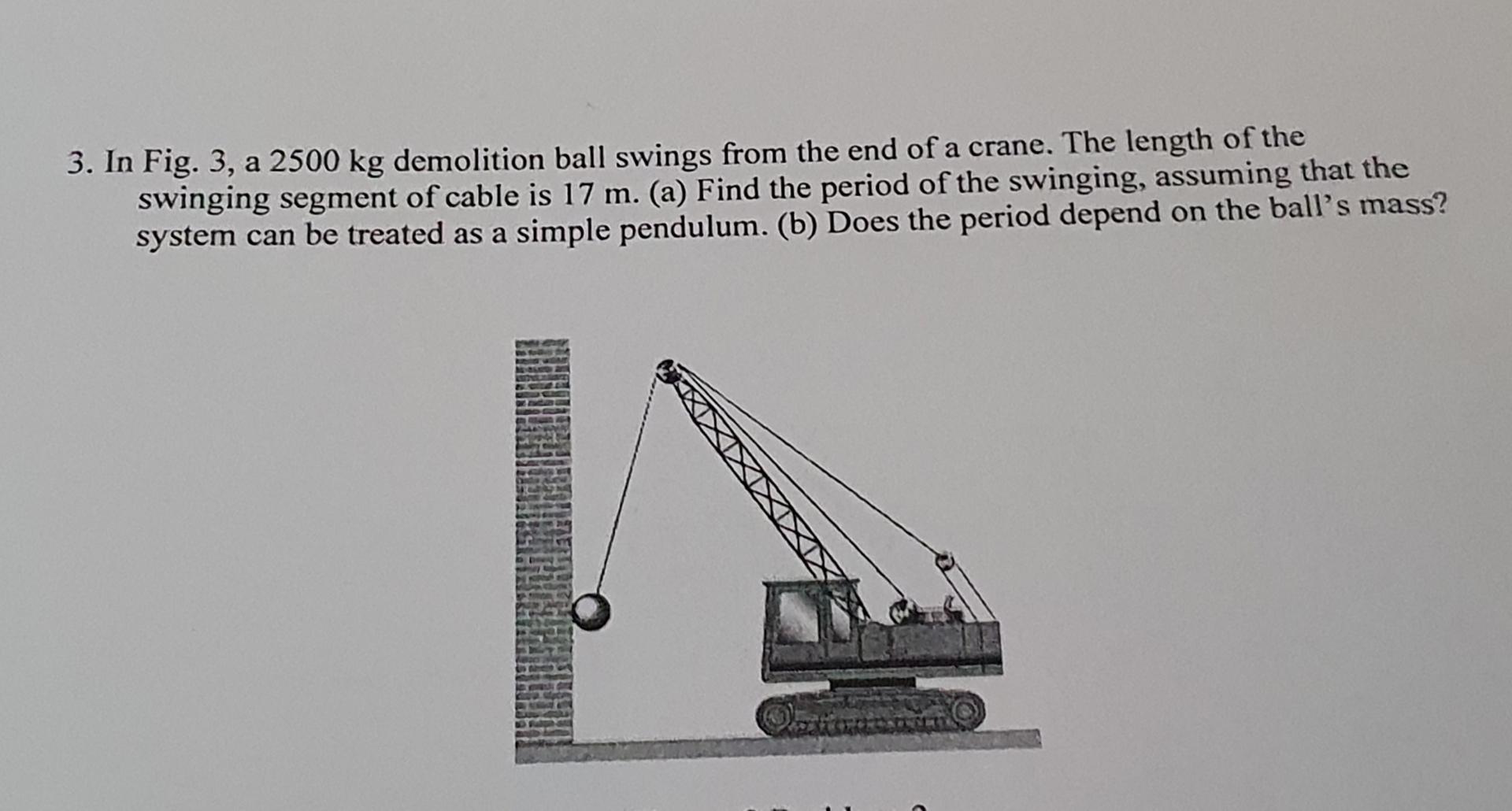 Solved In Fig. 3, ﻿a 2500kg ﻿demolition ball swings from the | Chegg.com
