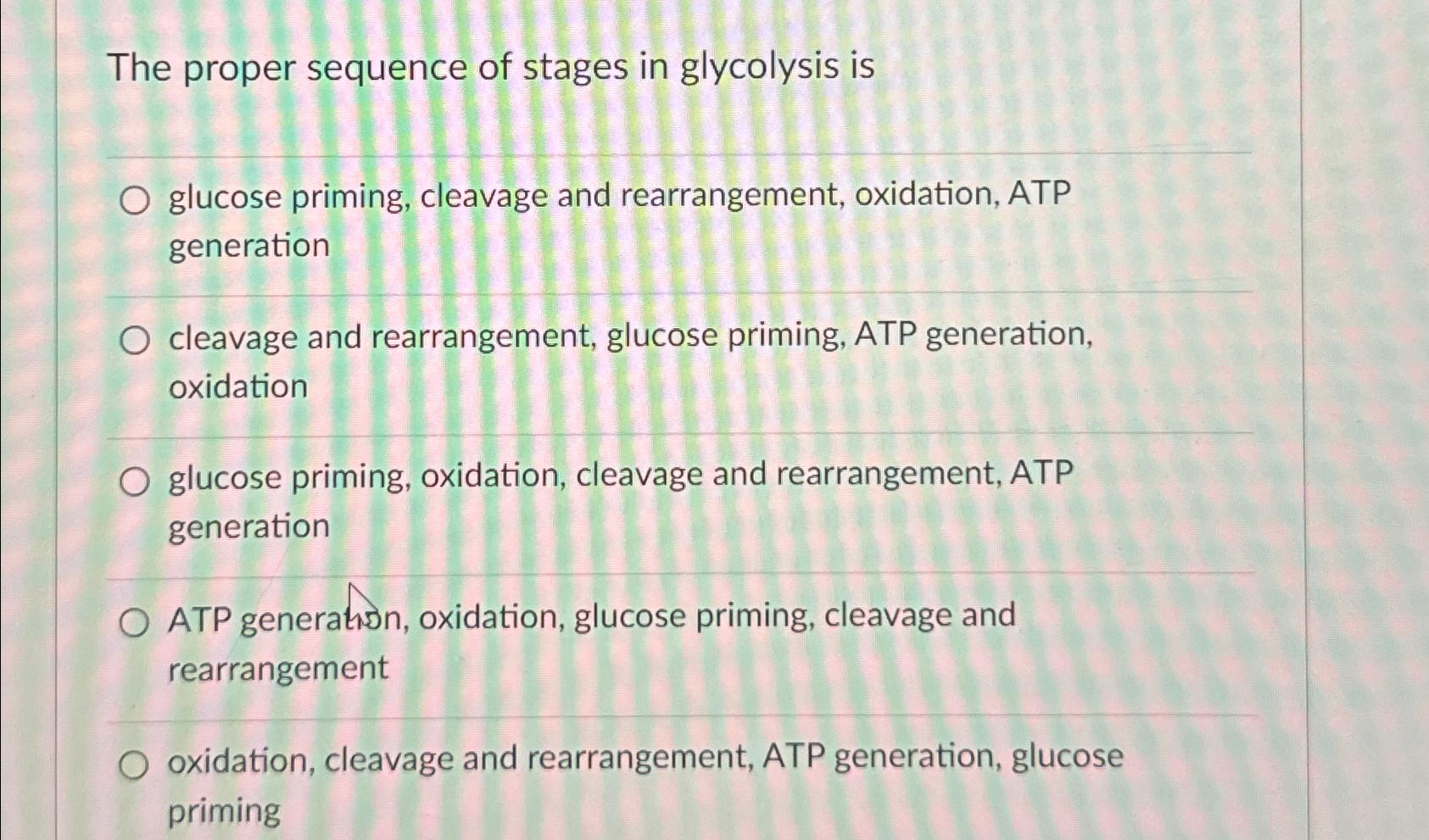 Solved The proper sequence of stages in glycolysis isglucose | Chegg.com