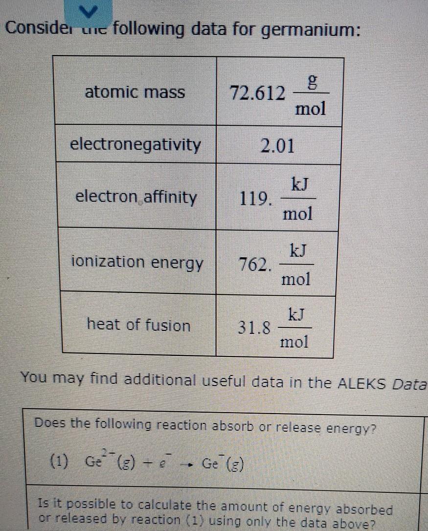 Solved Consider uie following data for germanium: atomic | Chegg.com