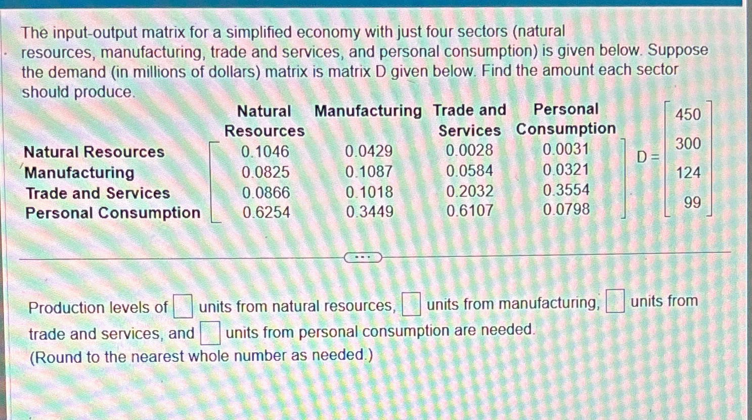 Solved The input-output matrix for a simplified economy with | Chegg.com