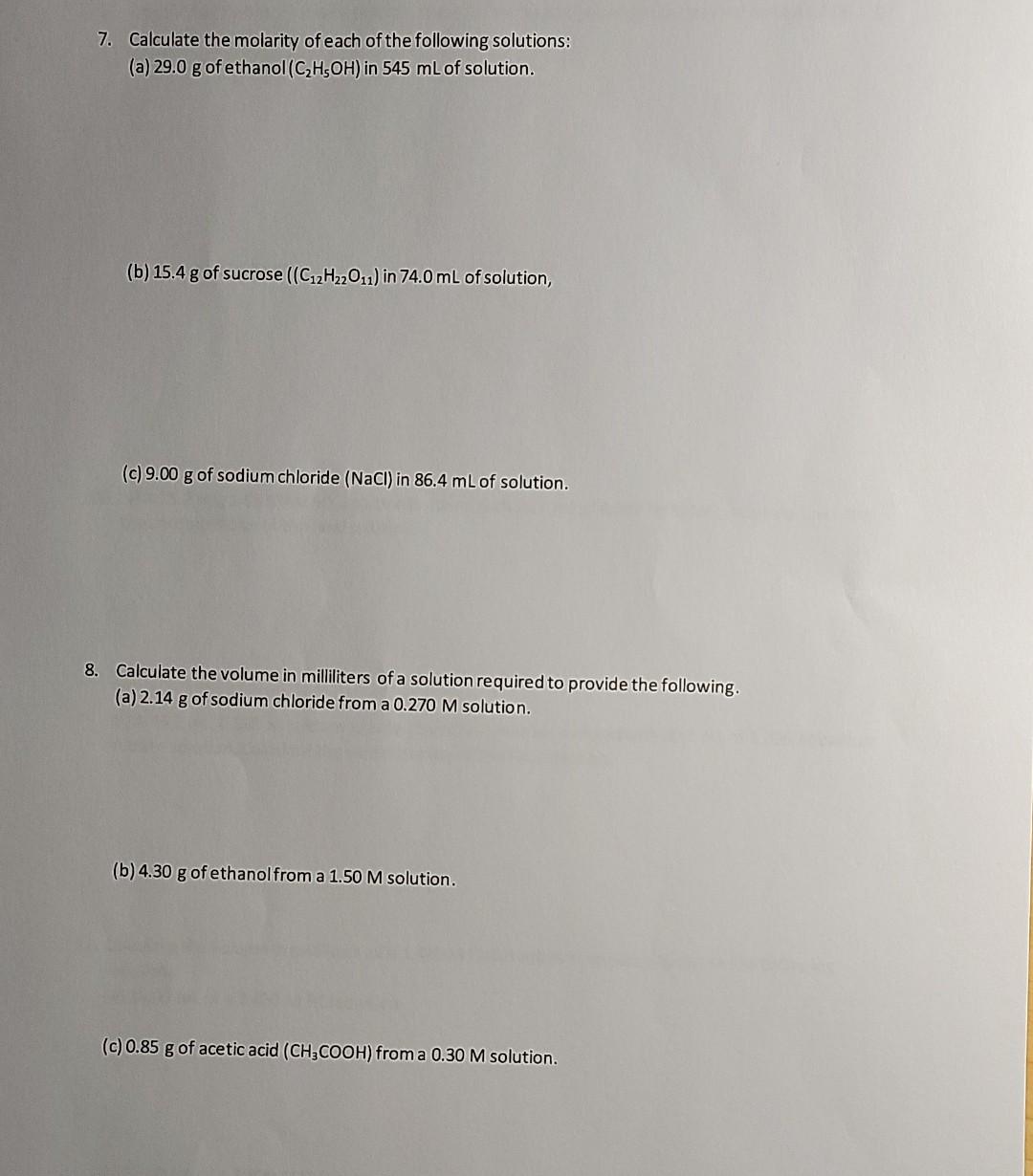 Solved 7. Calculate the molarity of each of the following | Chegg.com