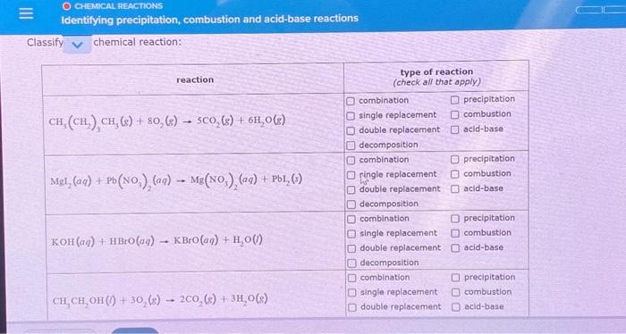 Solved O CHEMLCAL REACIIONS Identifying precipitation, | Chegg.com