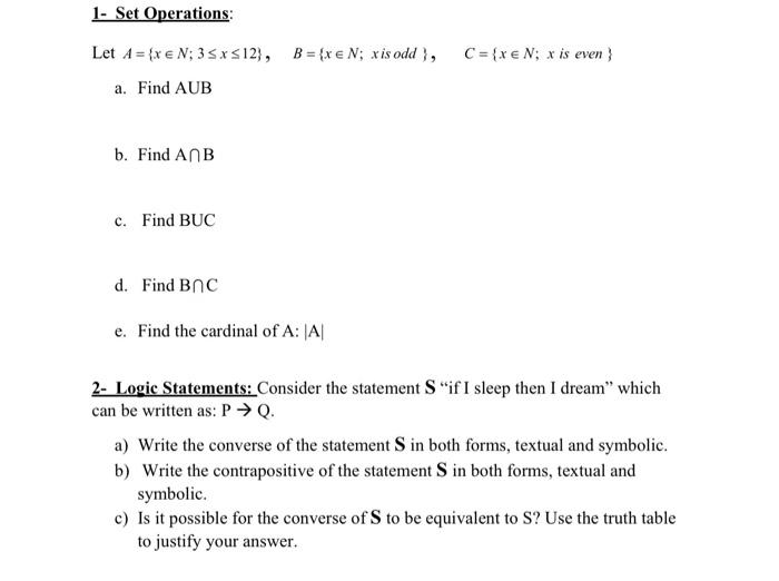 Solved 1- Set Operations: Let A={x∈N;3≤x≤12},B={x∈N;x is odd | Chegg.com