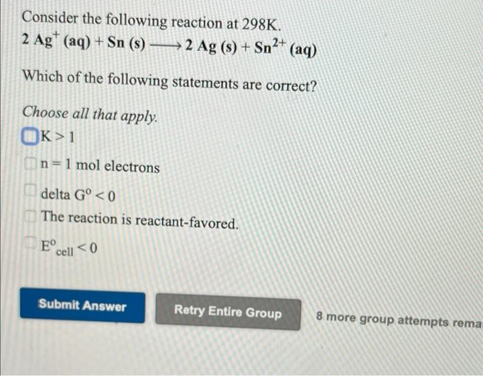 Solved 2 Fe3+ Consider the following reaction at 298K. (aq) | Chegg.com