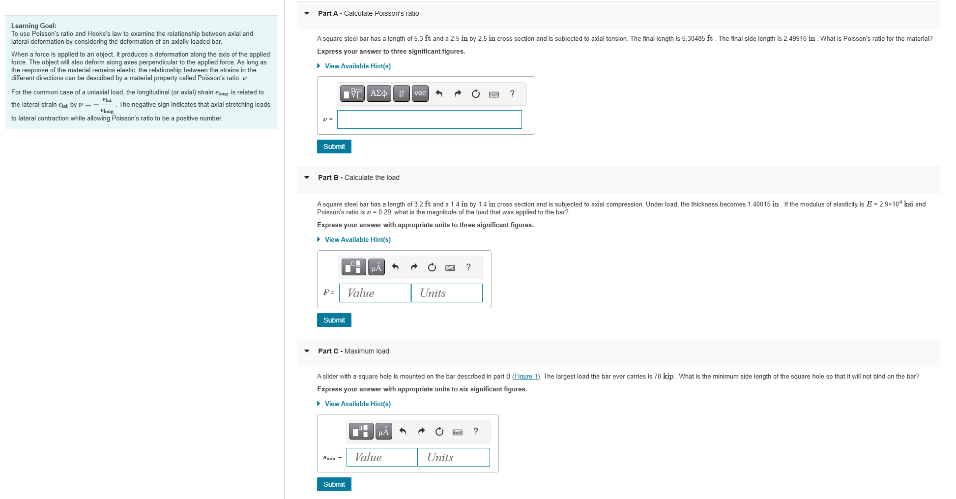 Learning Goal: To use Poisson's ratio and Hooke's law | Chegg.com