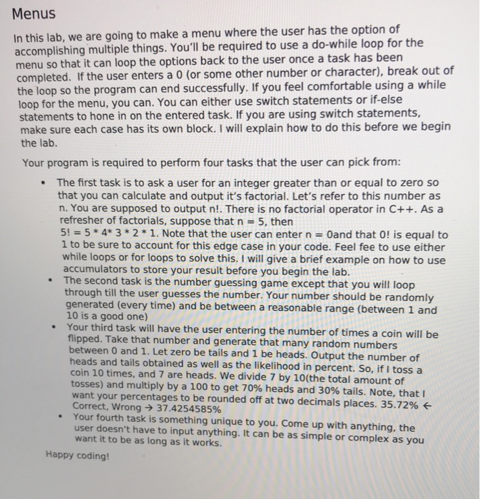 Solved Menus In this lab, we are going to make a menu where | Chegg.com